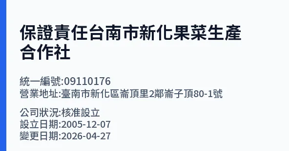 保證責任台南市新化果菜生產合作社的照片-統編 09110176(臺南市) 公司登記資料與營業項目詳細圖表