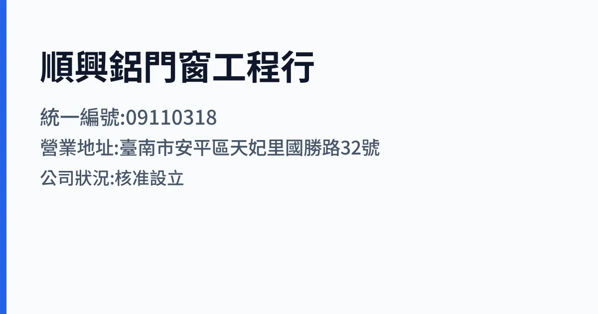 順興鋁門窗工程行 - 統編 09110318(臺南市) 公司登記資料與營業項目詳細圖表
