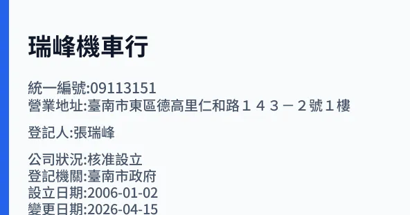 瑞峰機車行的照片-統編 09113151(臺南市) 公司登記資料與營業項目詳細圖表