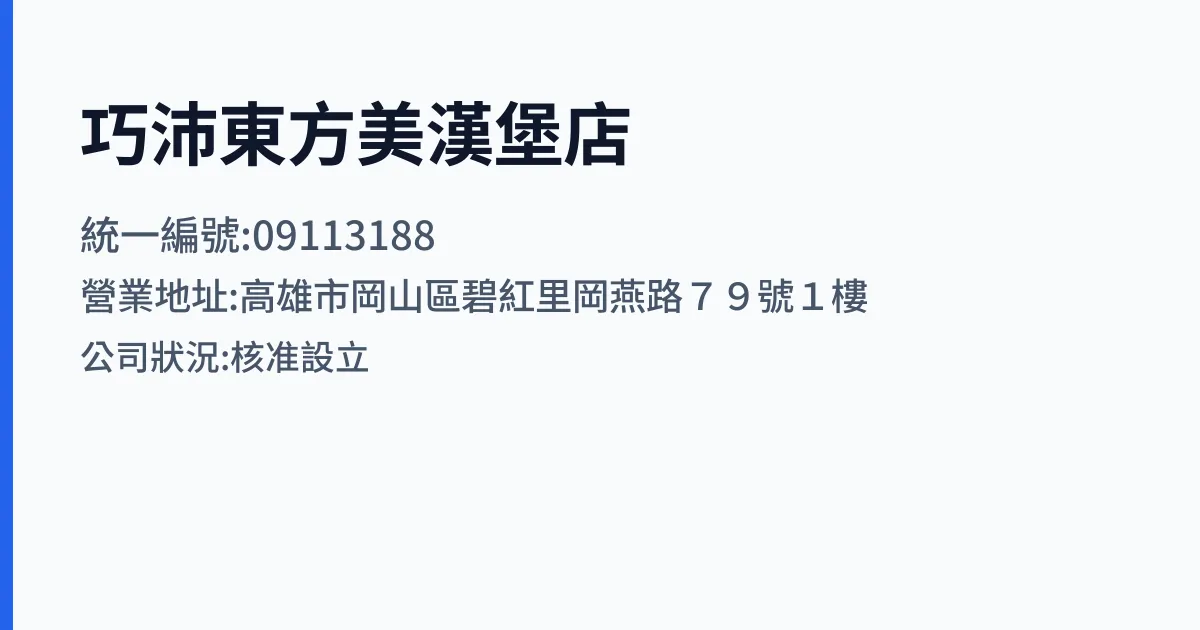 巧沛東方美漢堡店 - 統編 09113188(高雄市) 公司登記資料與營業項目詳細圖表