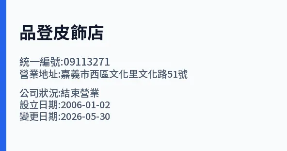 品登皮飾店的照片-統編 09113271(嘉義市) 公司登記資料與營業項目詳細圖表