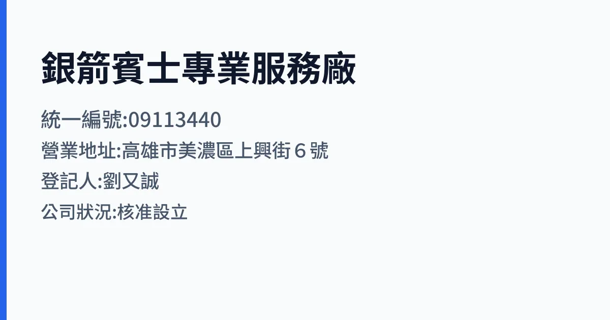 銀箭賓士專業服務廠 - 統編 09113440(高雄市) 公司登記資料與營業項目詳細圖表