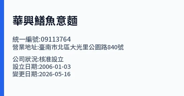 華興鱔魚意麵的照片-統編 09113764(臺南市) 公司登記資料與營業項目詳細圖表