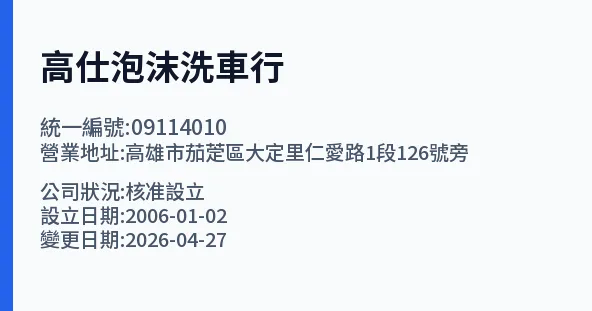 高仕泡沫洗車行的照片-統編 09114010(高雄市) 公司登記資料與營業項目詳細圖表