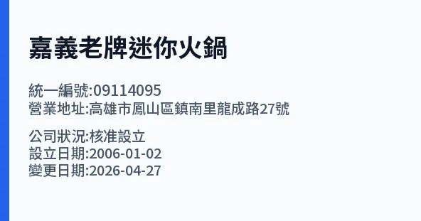 嘉義老牌迷你火鍋的照片-統編 09114095(高雄市) 公司登記資料與營業項目詳細圖表