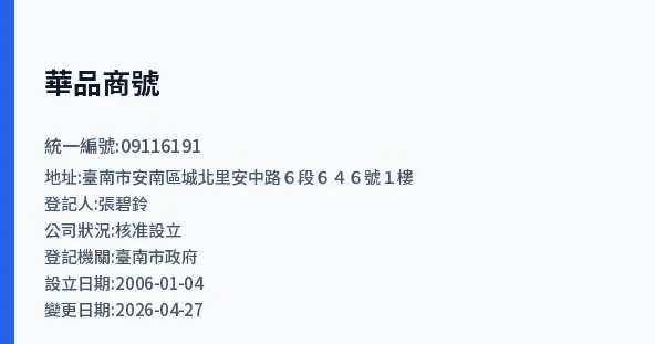 華品商號的照片-統編 09116191(臺南市) 公司登記資料與營業項目詳細圖表