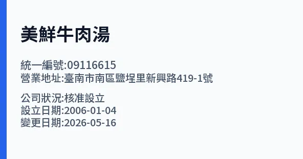 美鮮牛肉湯的照片-統編 09116615(臺南市) 公司登記資料與營業項目詳細圖表