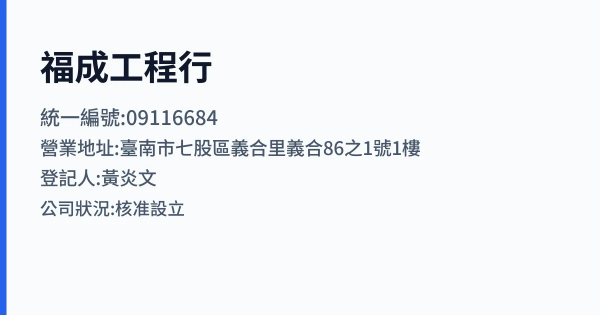 福成工程行 - 統編 09116684(臺南市) 公司登記資料與營業項目詳細圖表