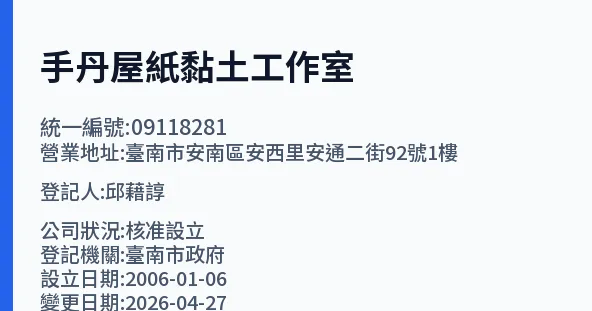 手丹屋紙黏土工作室的照片-統編 09118281(臺南市) 公司登記資料與營業項目詳細圖表