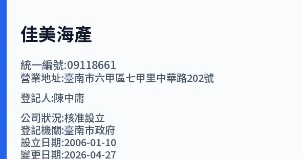 佳美海產的照片-統編 09118661(臺南市) 公司登記資料與營業項目詳細圖表