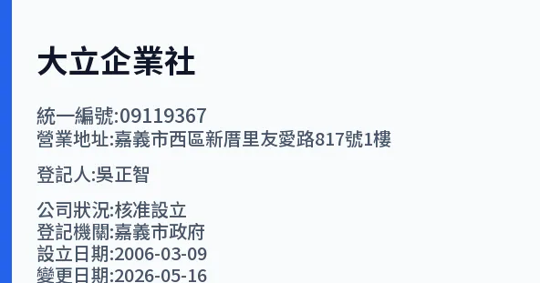 大立企業社的照片-統編 09119367(嘉義市) 公司登記資料與營業項目詳細圖表