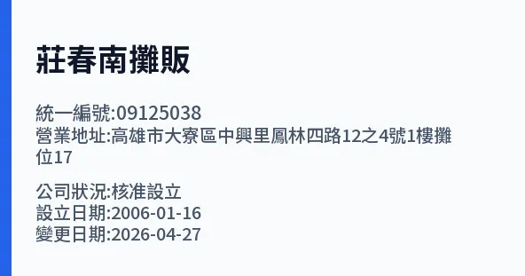 莊春南攤販的照片-統編 09125038(高雄市) 公司登記資料與營業項目詳細圖表