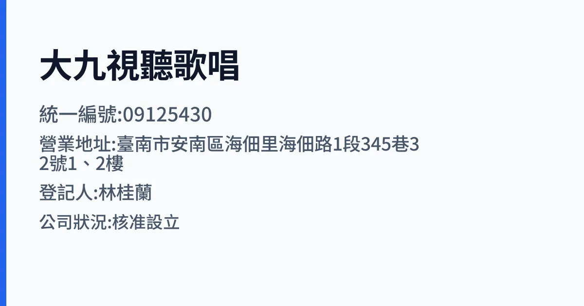大九視聽歌唱 - 統編 09125430（臺南市） 公司登記資料與營業項目詳細圖表