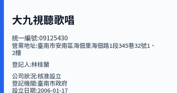 大九視聽歌唱的照片-統編 09125430(臺南市) 公司登記資料與營業項目詳細圖表