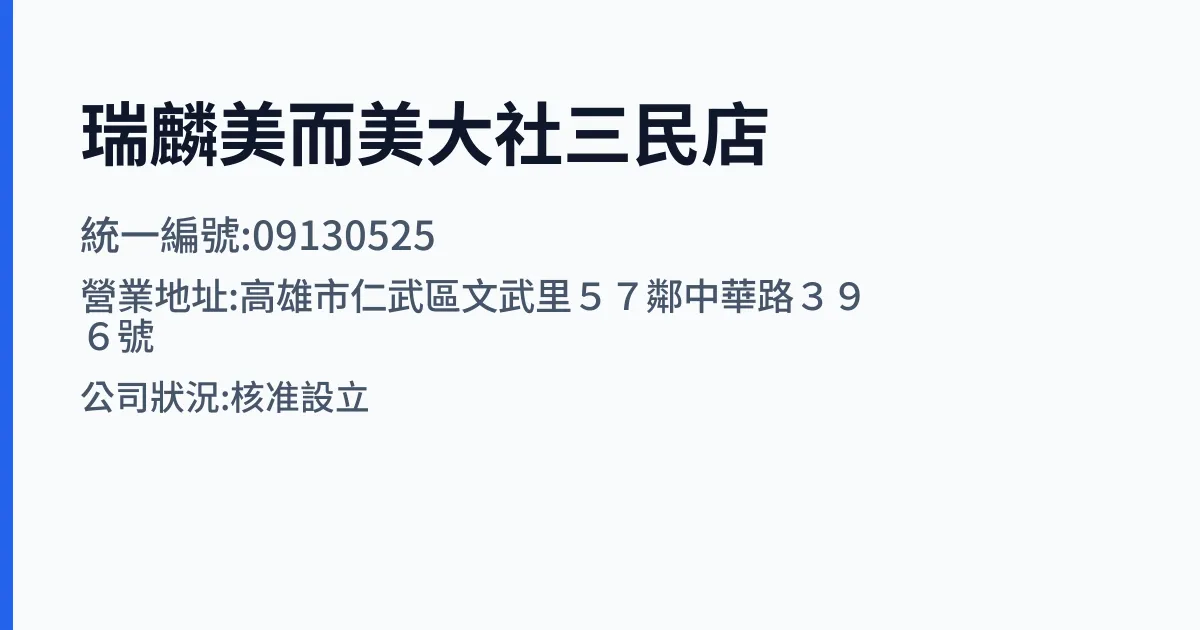 瑞麟美而美大社三民店 - 統編 09130525(高雄市) 公司登記資料與營業項目詳細圖表