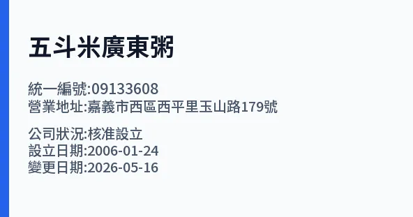 五斗米廣東粥的照片-統編 09133608(嘉義市) 公司登記資料與營業項目詳細圖表