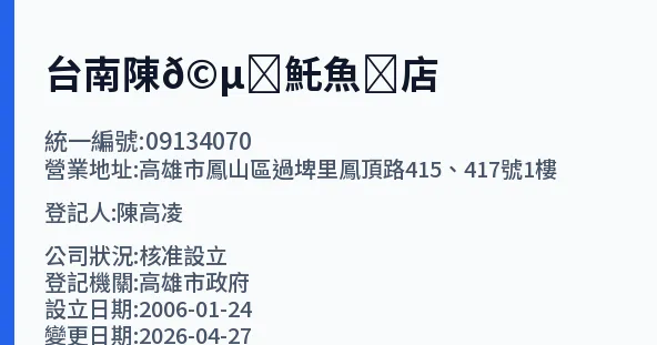 台南陳𩵚魠魚焿店的照片-統編 09134070(高雄市) 公司登記資料與營業項目詳細圖表