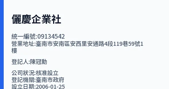 儷慶企業社的照片-統編 09134542(臺南市) 公司登記資料與營業項目詳細圖表