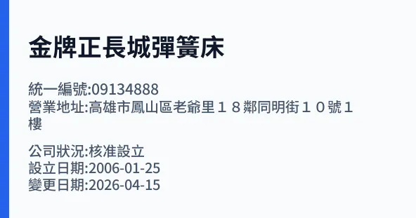 金牌正長城彈簧床的照片-統編 09134888(高雄市) 公司登記資料與營業項目詳細圖表