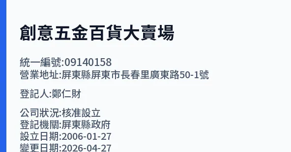 創意五金百貨大賣場的照片-統編 09140158(屏東縣) 公司登記資料與營業項目詳細圖表