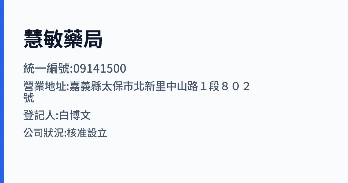 慧敏藥局 - 統編 09141500(嘉義縣) 公司登記資料與營業項目詳細圖表