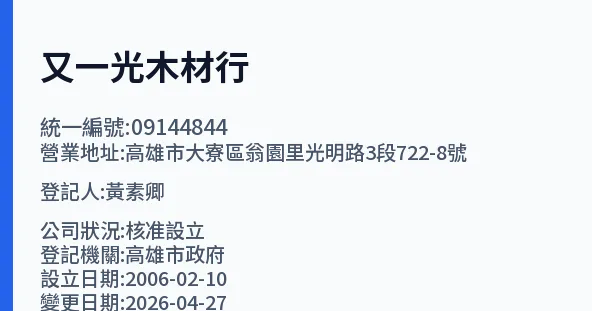 又一光木材行的照片-統編 09144844(高雄市) 公司登記資料與營業項目詳細圖表