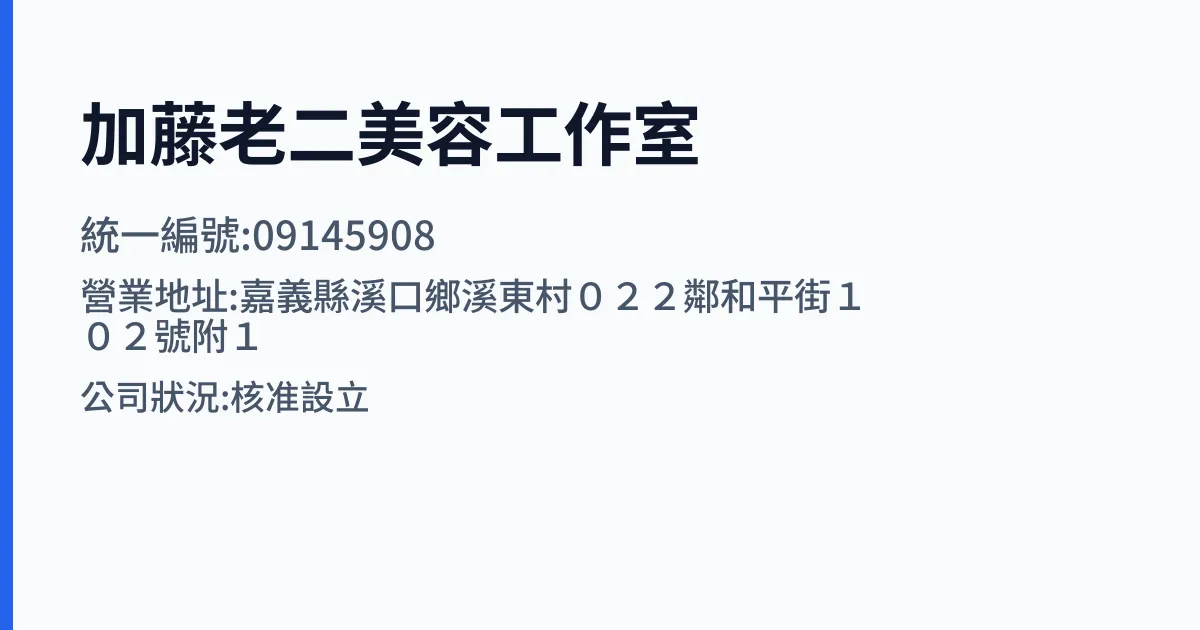 加藤老二美容工作室 - 統編 09145908(嘉義縣) 公司登記資料與營業項目詳細圖表