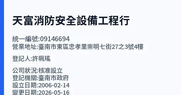 天富消防安全設備工程行的照片-統編 09146694(臺南市) 公司登記資料與營業項目詳細圖表