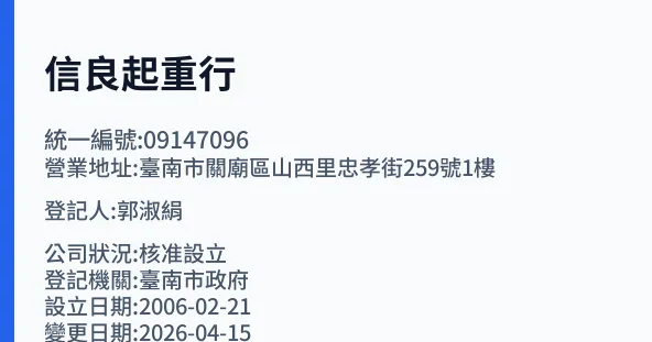 信良起重行的照片-統編 09147096(臺南市) 公司登記資料與營業項目詳細圖表