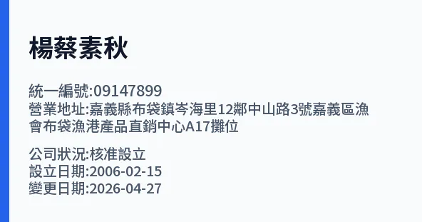 楊蔡素秋的照片-統編 09147899(嘉義縣) 公司登記資料與營業項目詳細圖表