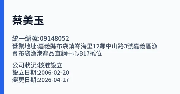 蔡美玉的照片-統編 09148052(嘉義縣) 公司登記資料與營業項目詳細圖表