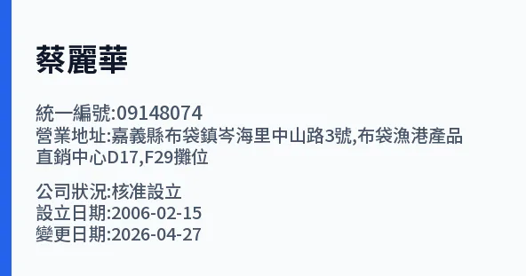 蔡麗華的照片-統編 09148074(嘉義縣) 公司登記資料與營業項目詳細圖表
