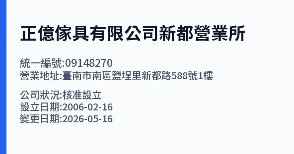正億傢具有限公司新都營業所的照片-統編 09148270(臺南市) 公司登記資料與營業項目詳細圖表