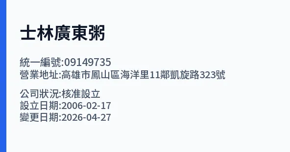 士林廣東粥的照片-統編 09149735(高雄市) 公司登記資料與營業項目詳細圖表