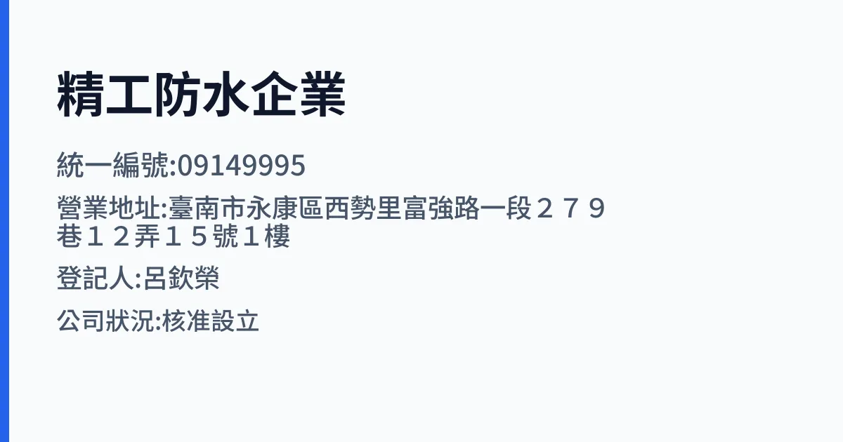 精工防水企業 - 統編 09149995(臺南市) 公司登記資料與營業項目詳細圖表