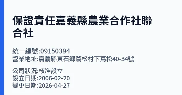 保證責任嘉義縣農業合作社聯合社的照片-統編 09150394(嘉義縣) 公司登記資料與營業項目詳細圖表