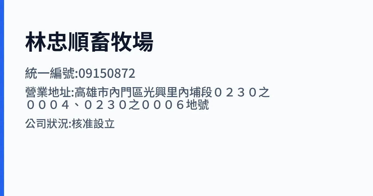 林忠順畜牧場 - 統編 09150872(高雄市) 公司登記資料與營業項目詳細圖表