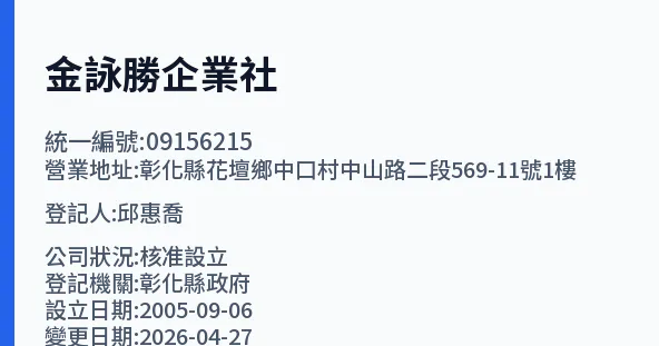 金詠勝企業社的照片-統編 09156215(彰化縣) 公司登記資料與營業項目詳細圖表