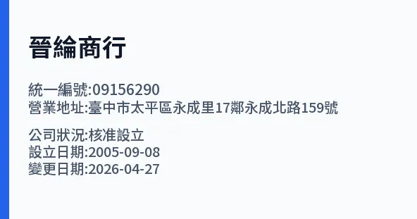 晉綸商行的照片-統編 09156290(臺中市) 公司登記資料與營業項目詳細圖表