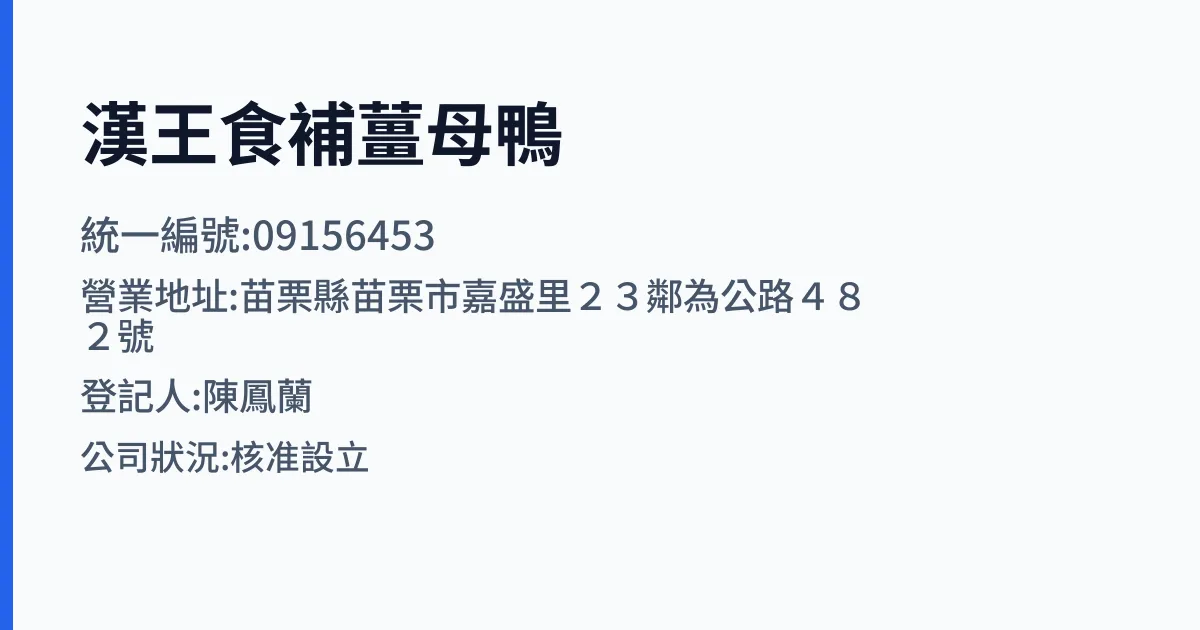 漢王食補薑母鴨 - 統編 09156453(苗栗縣) 公司登記資料與營業項目詳細圖表