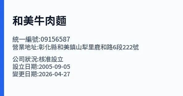 和美牛肉麵的照片-統編 09156587(彰化縣) 公司登記資料與營業項目詳細圖表