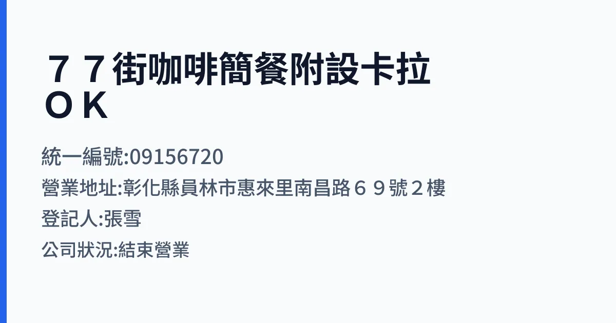 ７７街咖啡簡餐附設卡拉ＯＫ - 統編 09156720(彰化縣) 公司登記資料與營業項目詳細圖表
