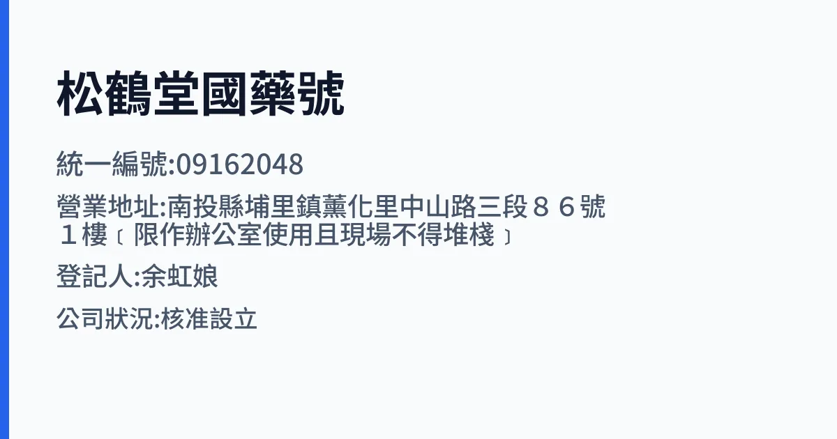 松鶴堂國藥號 - 統編 09162048(南投縣) 公司登記資料與營業項目詳細圖表