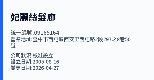 妃麗絲髮廊的照片-統編 09165164(臺中市) 公司登記資料與營業項目詳細圖表