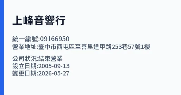 上峰音響行的照片-統編 09166950(臺中市) 公司登記資料與營業項目詳細圖表