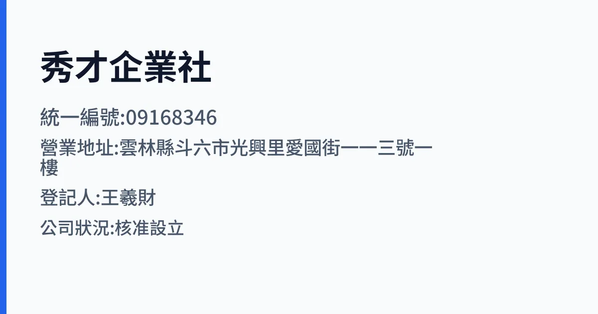 秀才企業社 - 統編 09168346(雲林縣) 公司登記資料與營業項目詳細圖表