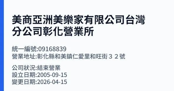 美商亞洲美樂家有限公司台灣分公司彰化營業所的照片-統編 09168839(彰化縣) 公司登記資料與營業項目詳細圖表