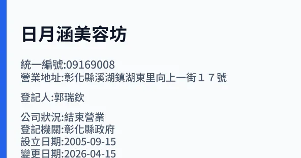 日月涵美容坊的照片-統編 09169008(彰化縣) 公司登記資料與營業項目詳細圖表