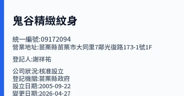 鬼谷精緻紋身的照片-統編 09172094(苗栗縣) 公司登記資料與營業項目詳細圖表