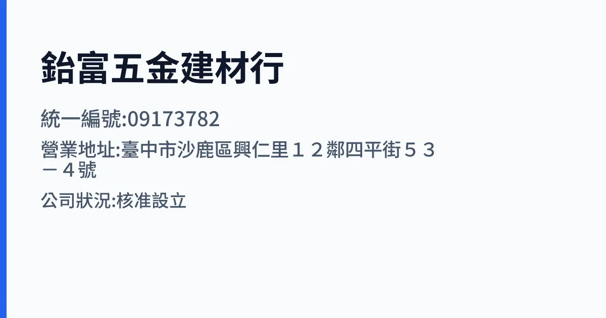 鈶富五金建材行 - 統編 09173782(臺中市) 公司登記資料與營業項目詳細圖表